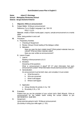 Lesson plan english 5 -writing announcement | DOCX