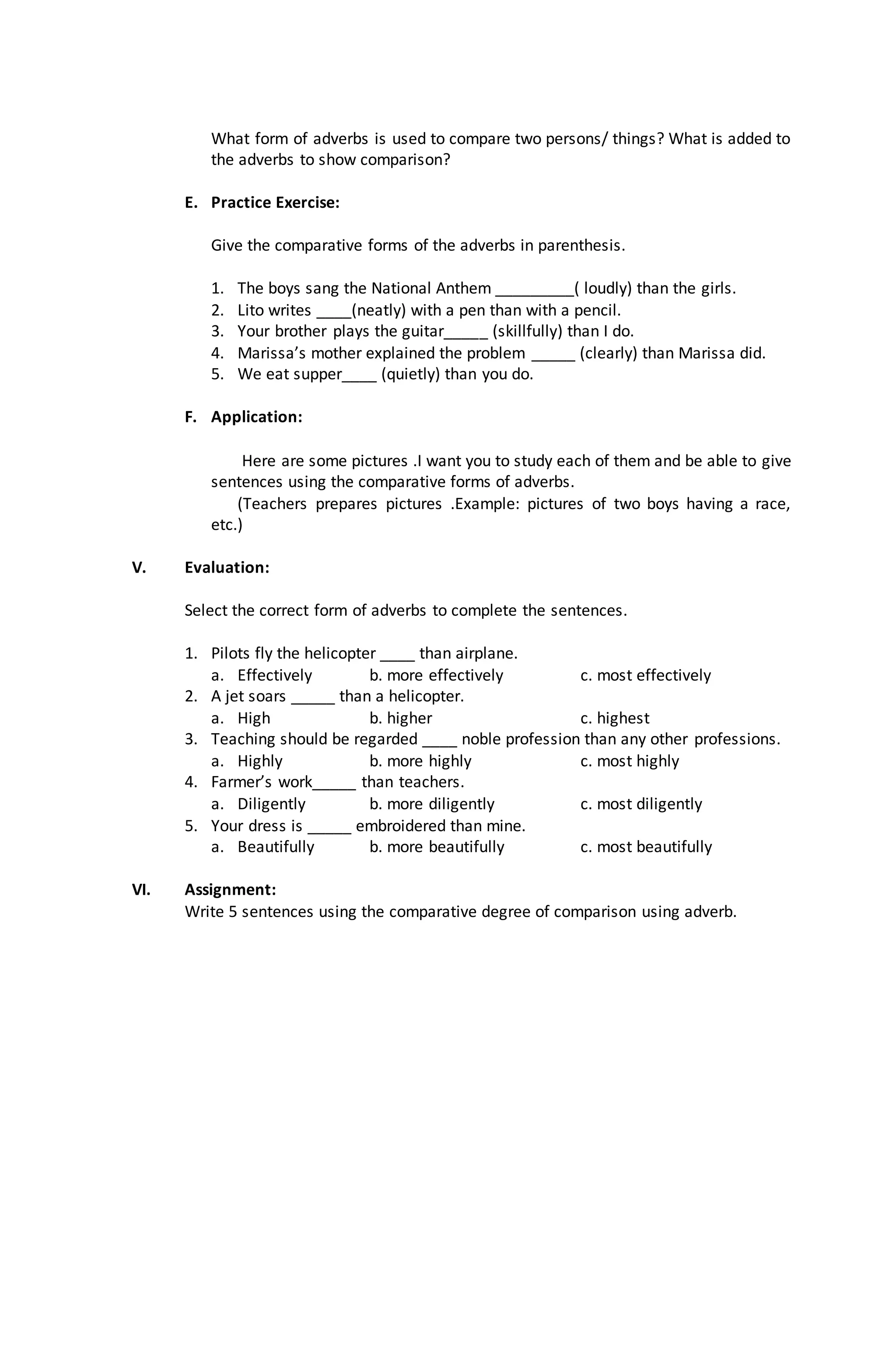 Lesson plan english 6 -comparative form adverb | DOCX