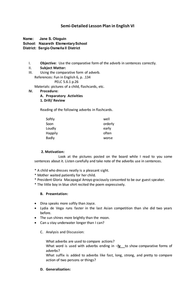 Lesson plan english 6 -comparative form adverb | DOCX | Education