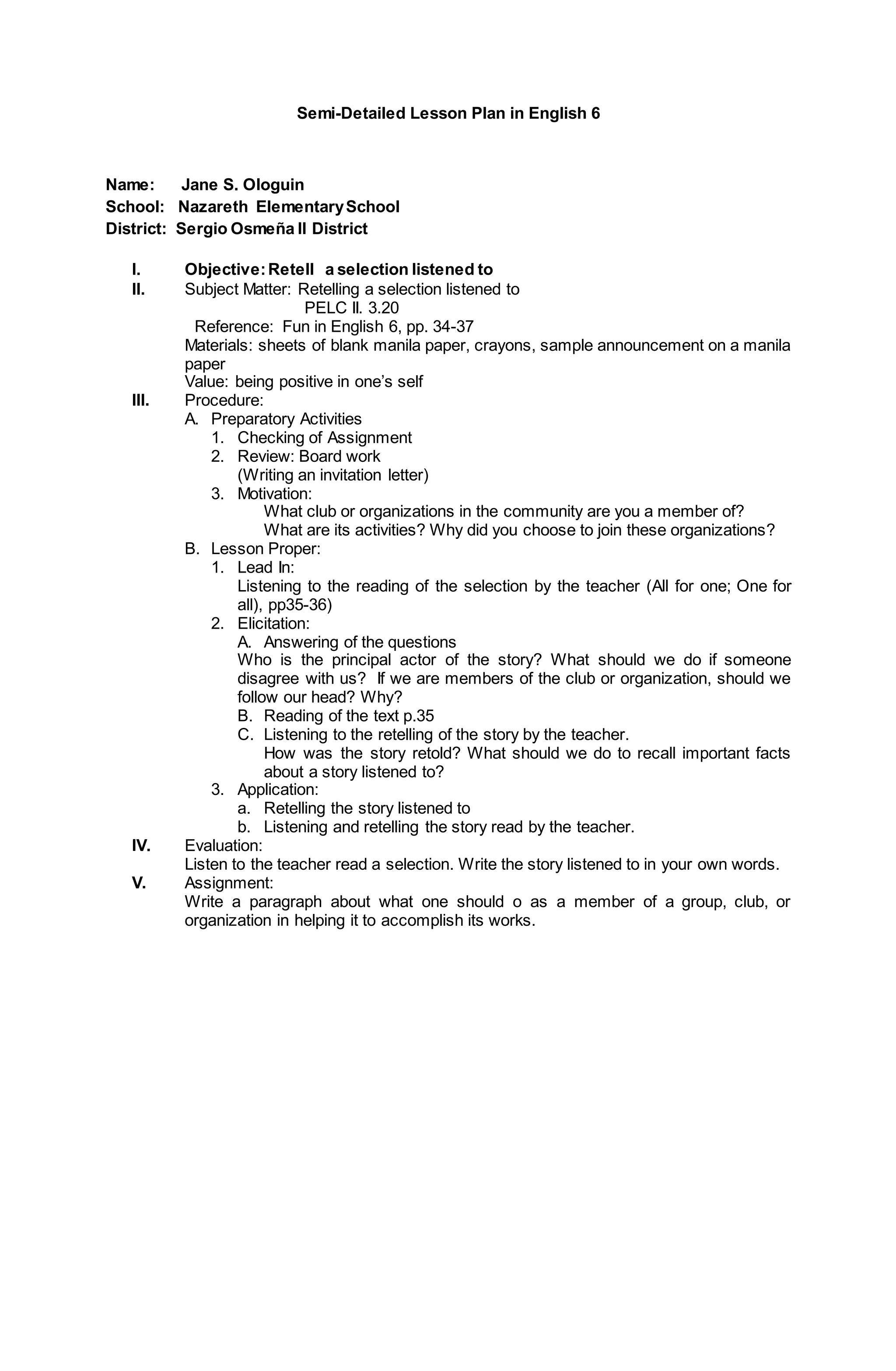 Lesson Plan English 6 Retelling Pdf