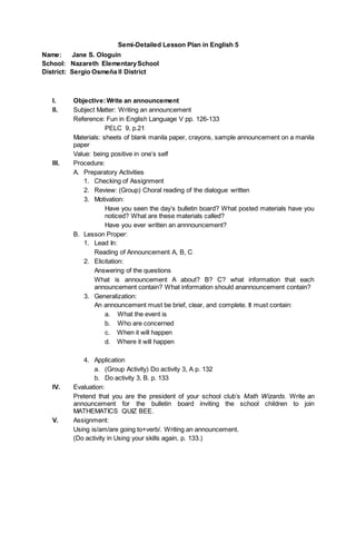 Lesson plan english 6 -writing announcement | DOCX
