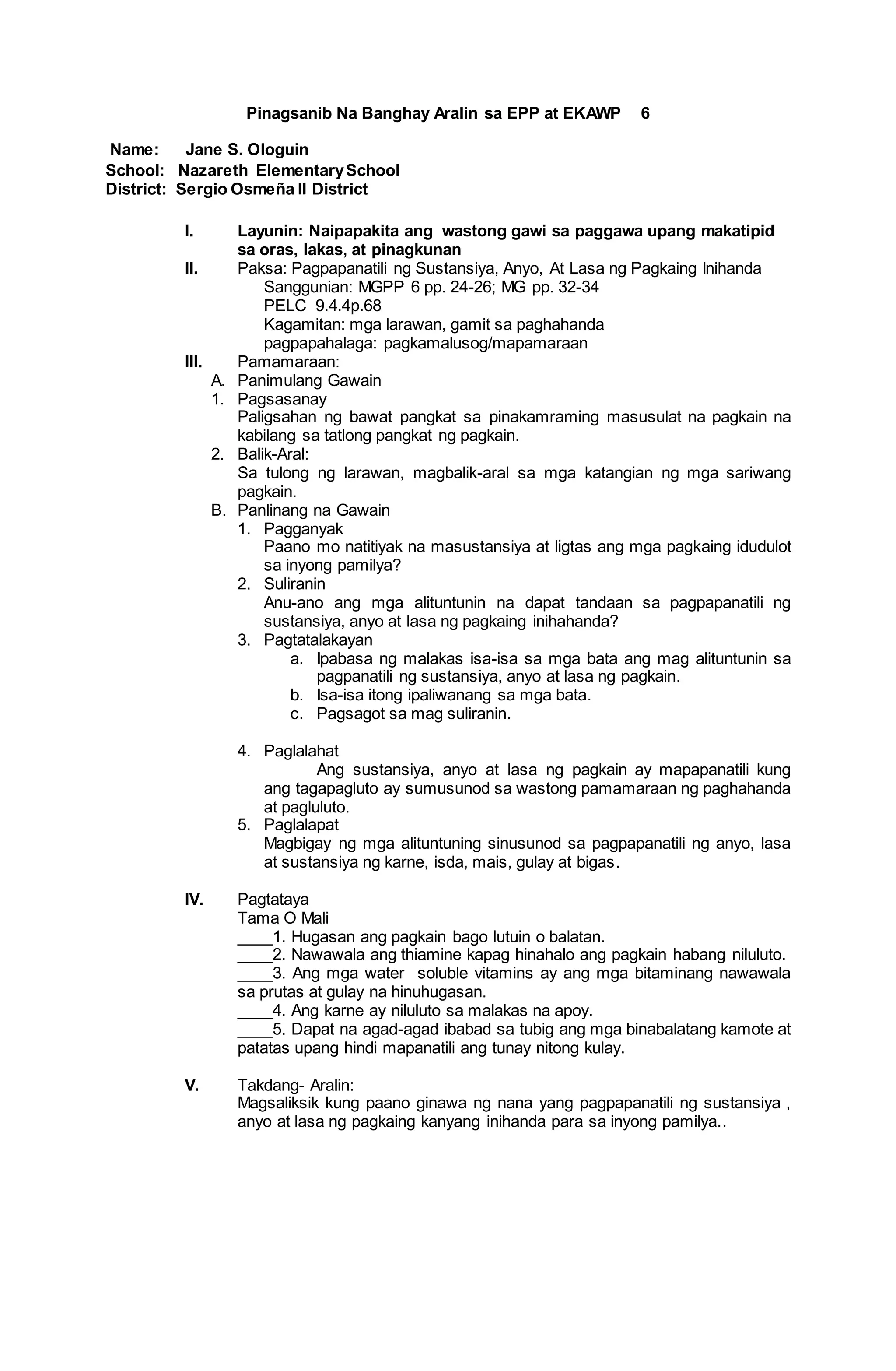 Lesson plan epp 6 -mga gawaing kamay sa paghahanda ng pagkain | DOCX