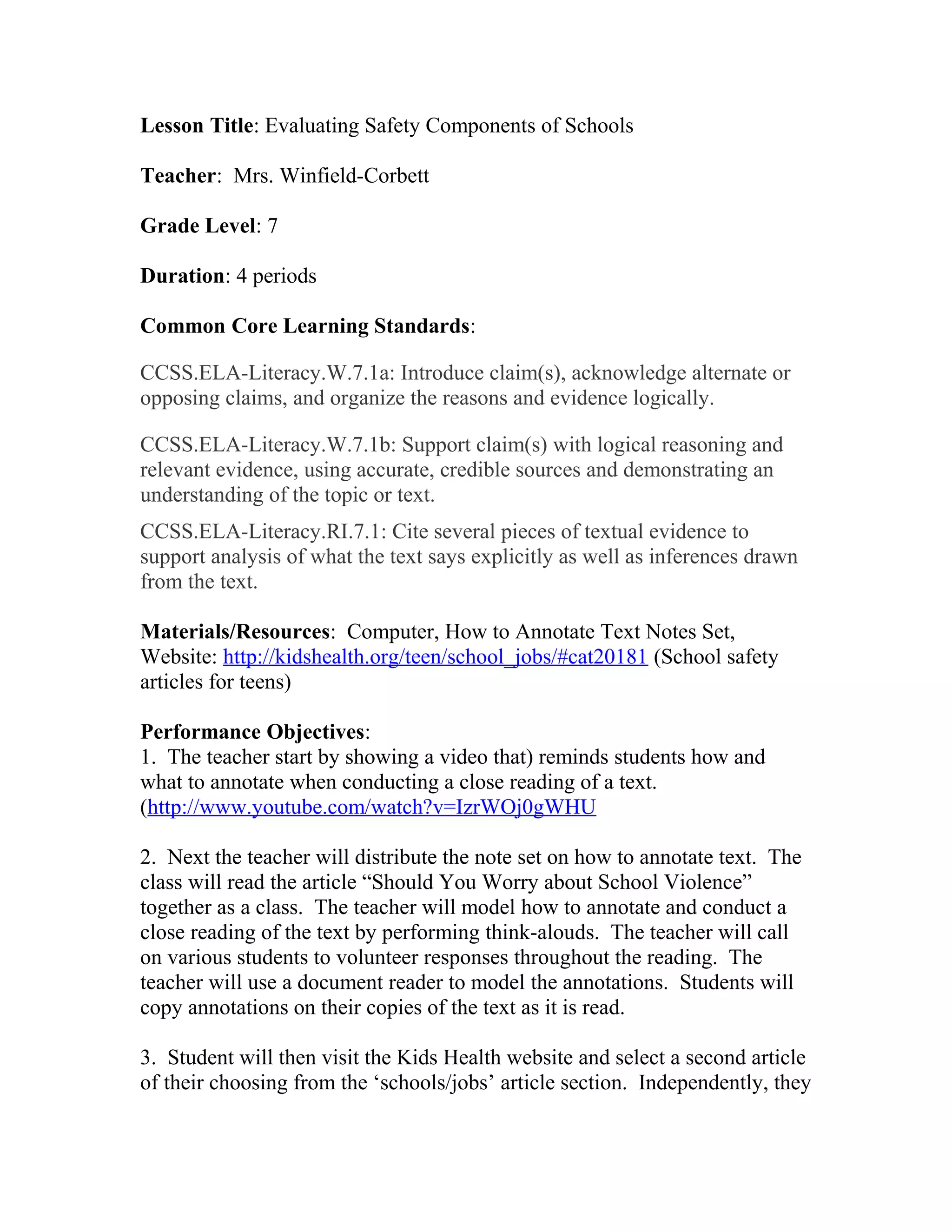 Lesson plan: Evaluating safety components of schools | DOC