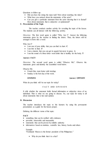 Semi-Detailed Lesson Plan - Fact and Opinion (Junior High School ...