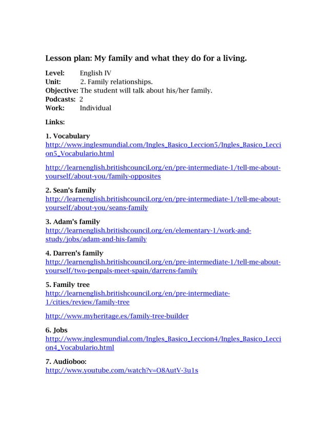Lesson plan family | DOCX | Educational Assessment | Education