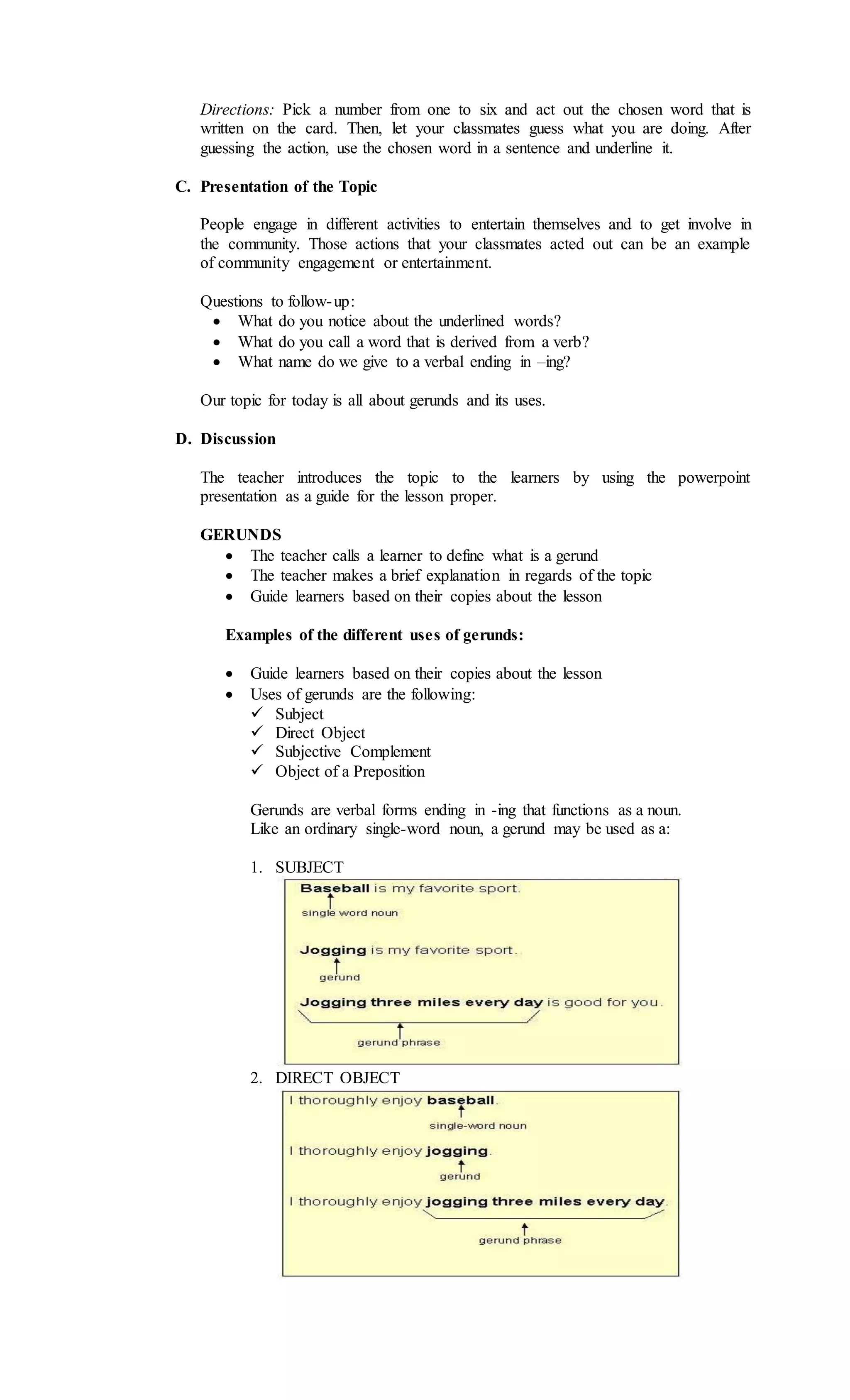 Semi-Detailed Lesson Plan - Gerunds (Junior High School - English 9) | DOCX