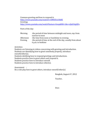 Lesson plan greeting and introduction | DOCX
