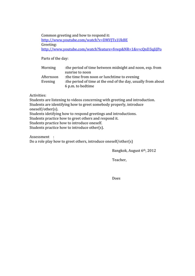Lesson plan greeting and introduction | DOCX