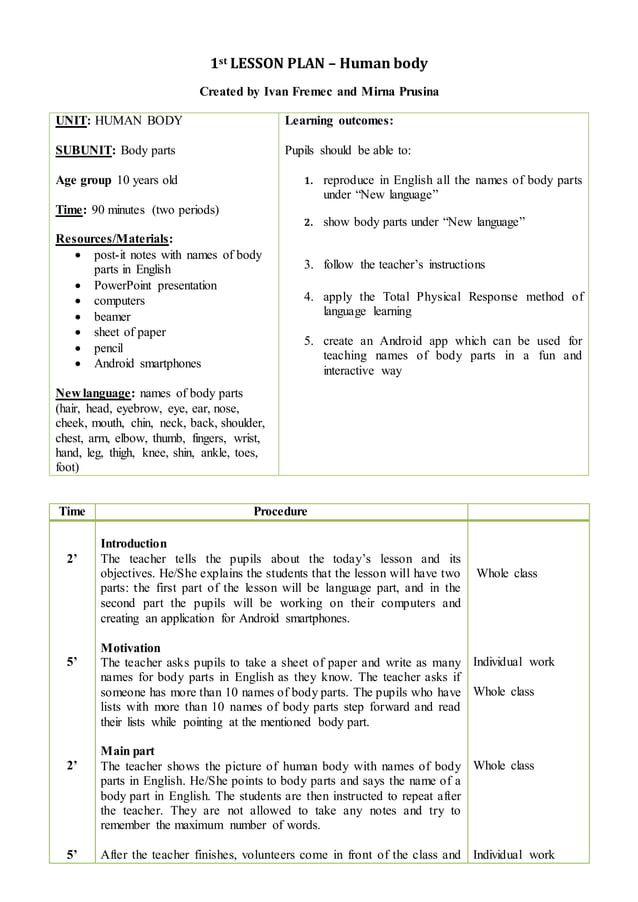 Lesson plan human body | DOCX