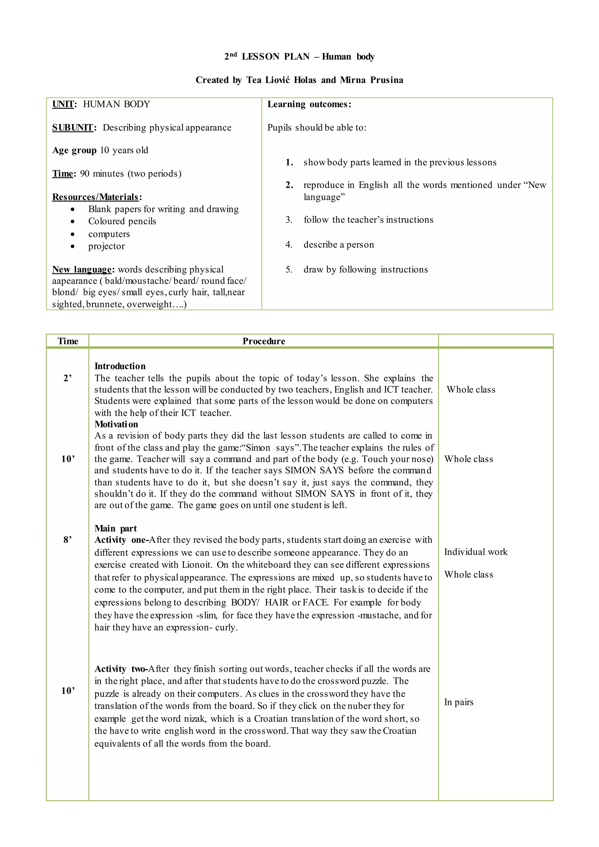 Lesson plan human body 2 | DOCX | Homework and Study | Education