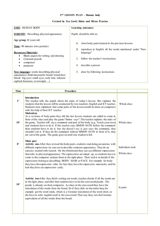 Lesson plan human body 2 | DOCX | Homework and Study | Education