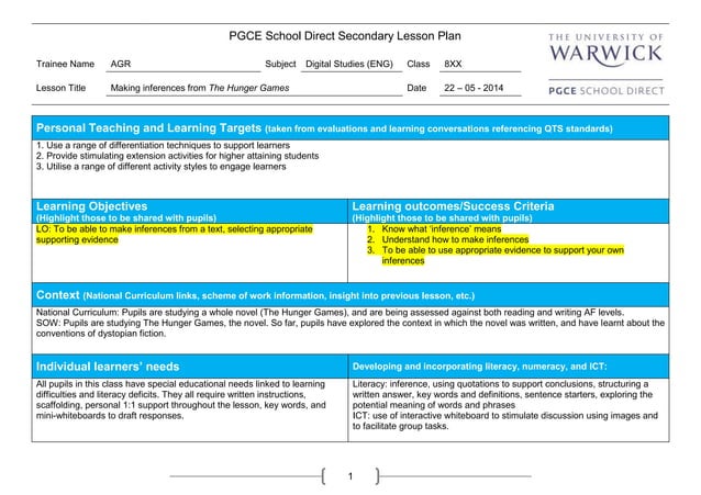 Lesson plan inference y8 22-05-14 | PPT