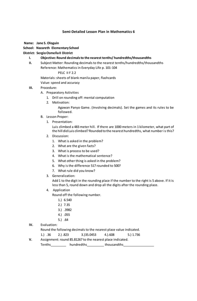 Lesson plan math 6 -hindu arabic - roman