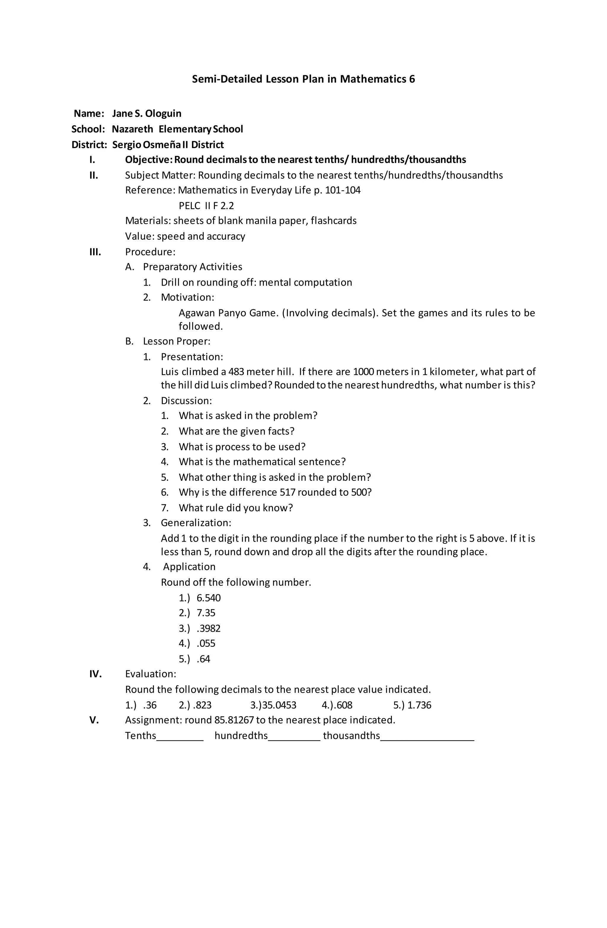 Lesson plan math 6 -rounding decimals | DOCX