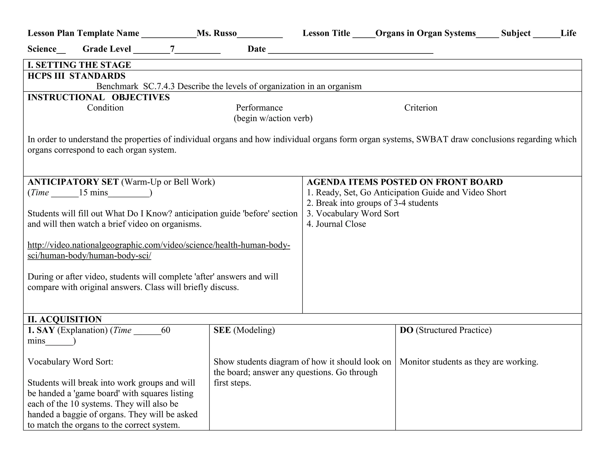 Lesson Plan Organs in Organ Systems | DOCX