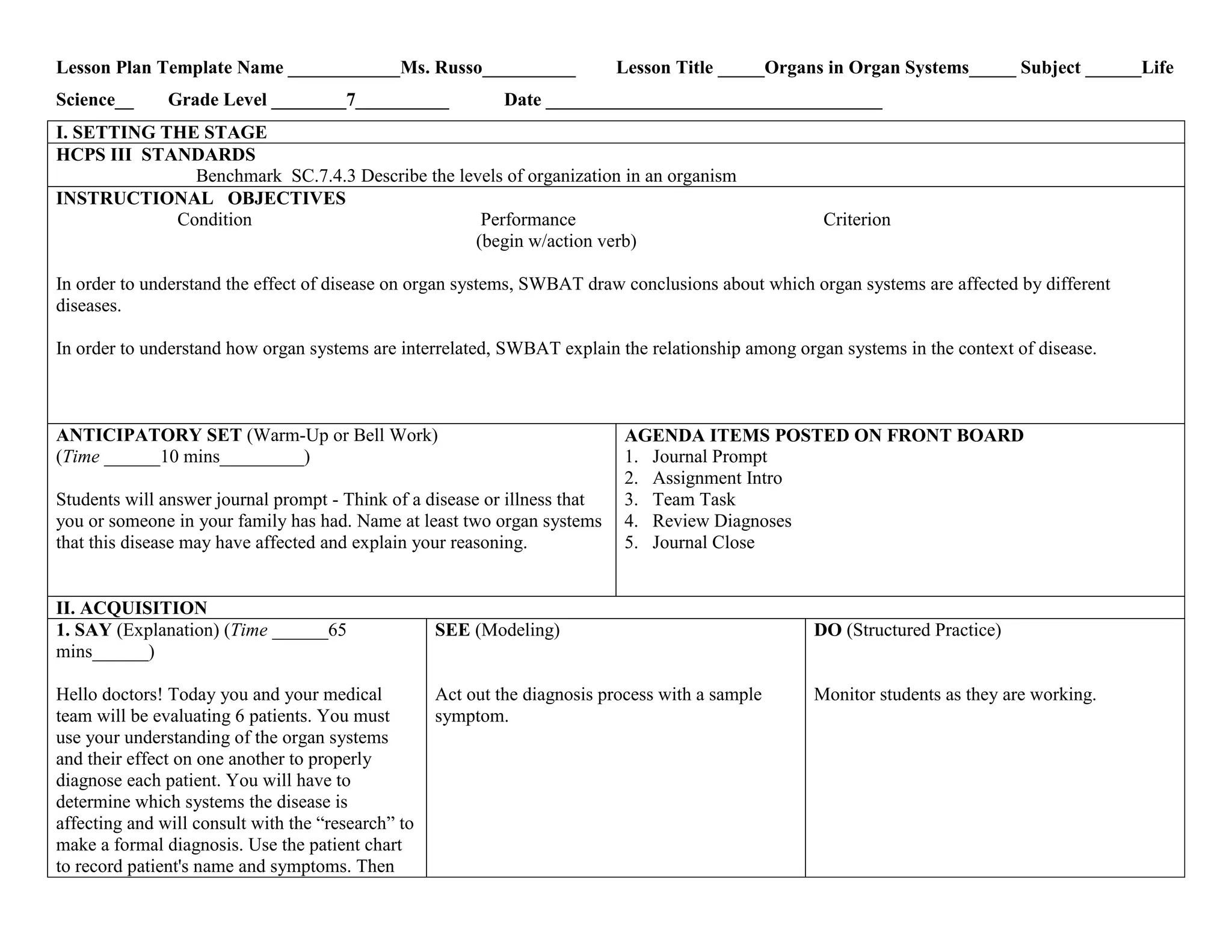 Lesson Plan Organ System Relationships | DOCX