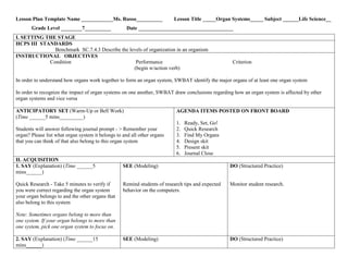 Lesson Plan Organ Systems | PPT
