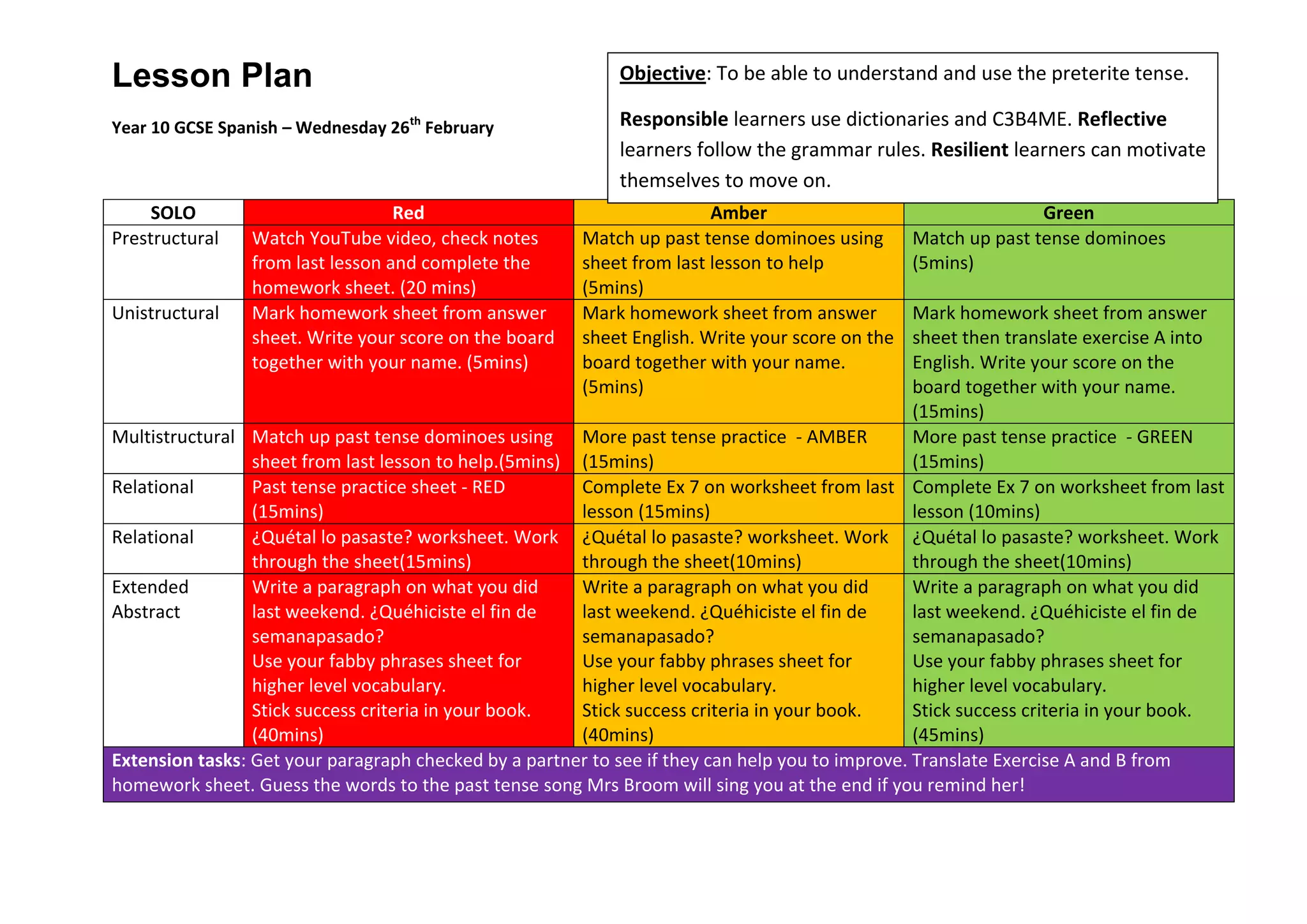 Lesson plan preterite tense second lesson, self differentiated | PPT