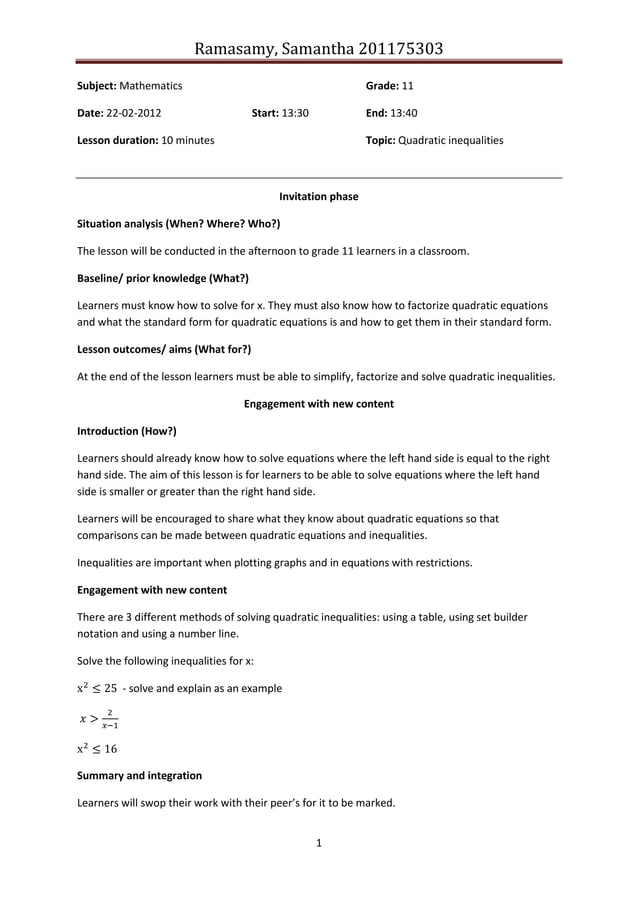 Lesson plan quadratic inequalities | DOCX