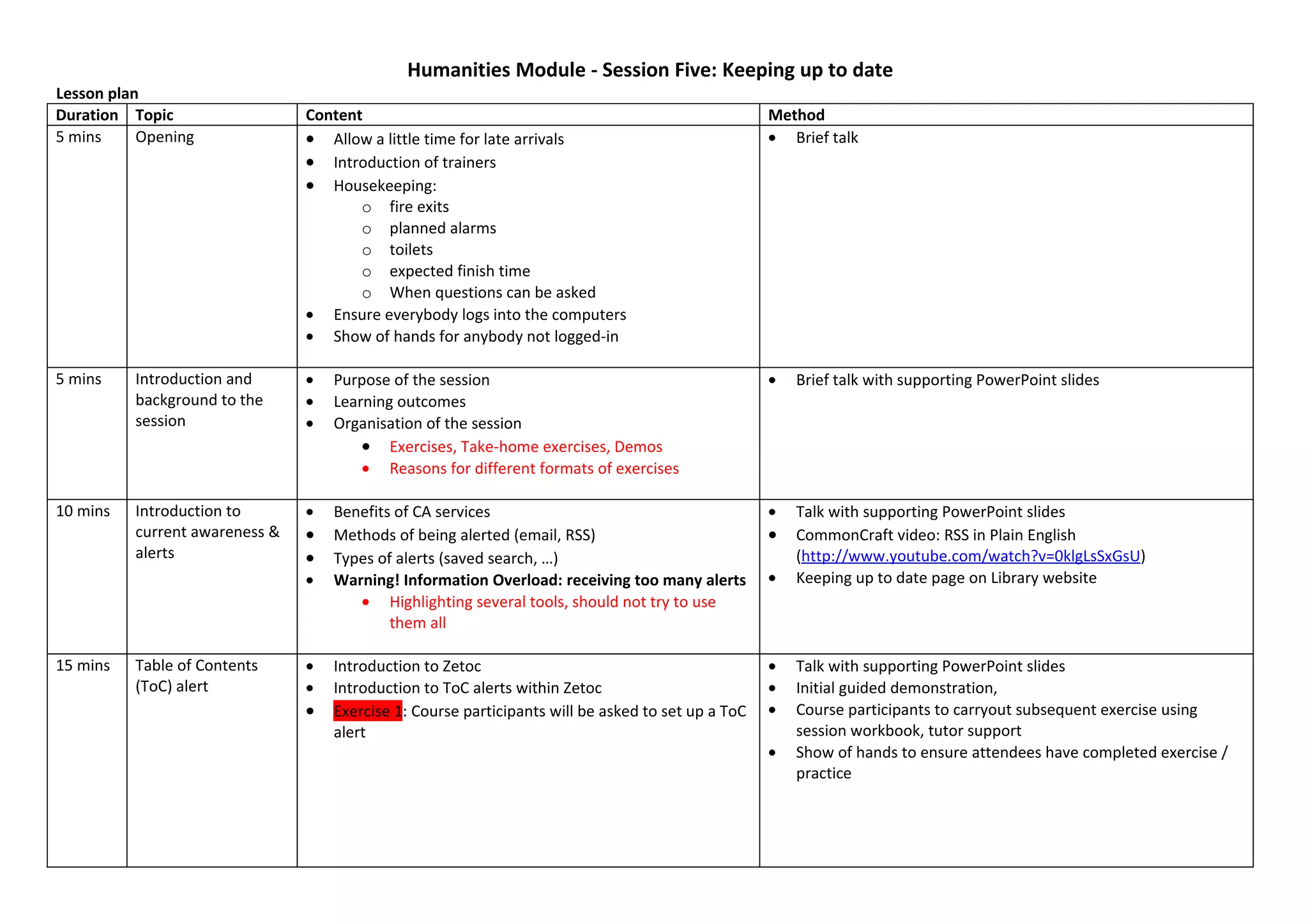 Lesson plan session five - keeping up to date | DOC