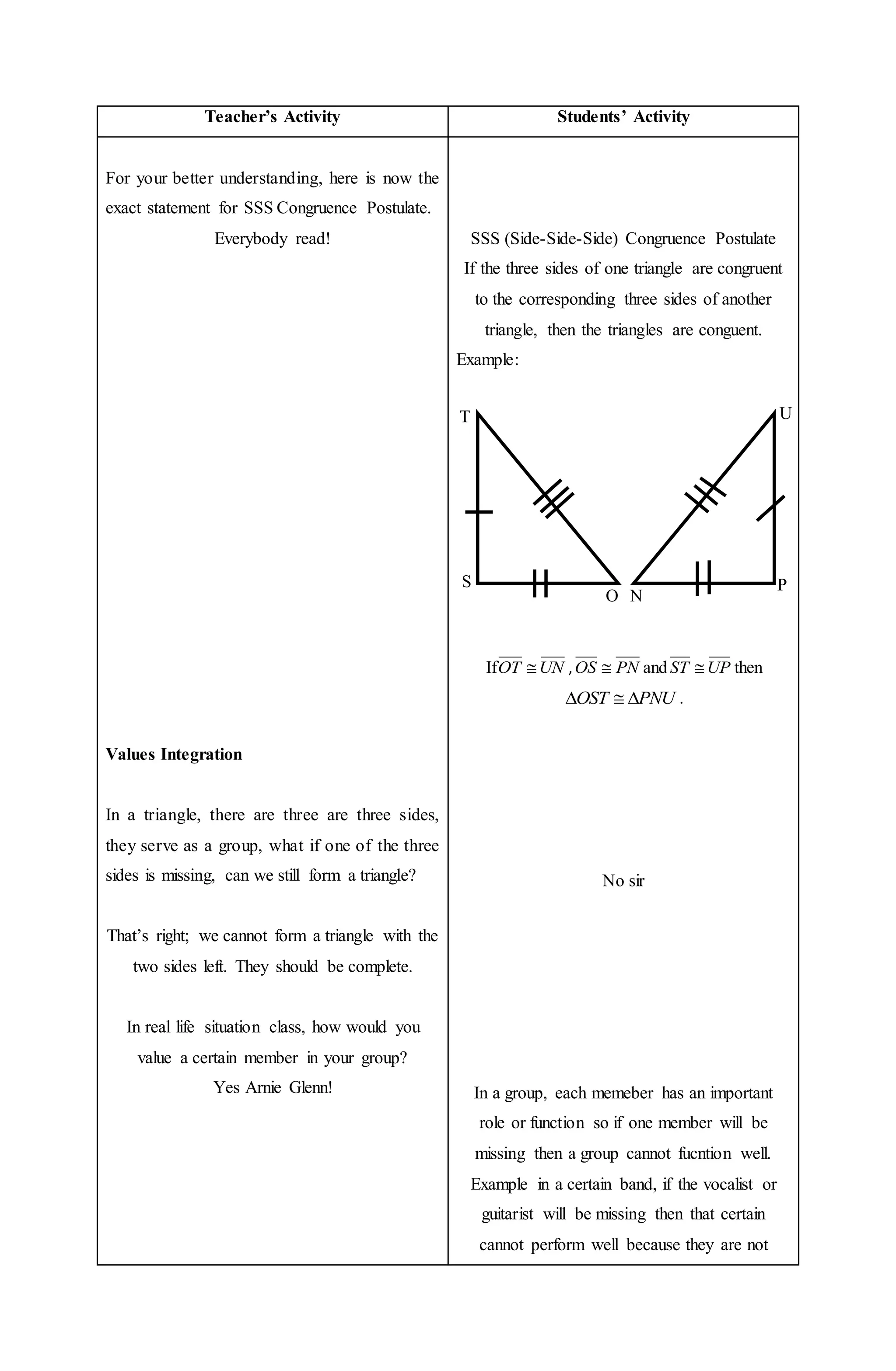 Lesson plan-SSS Congruence Postulate | DOCX