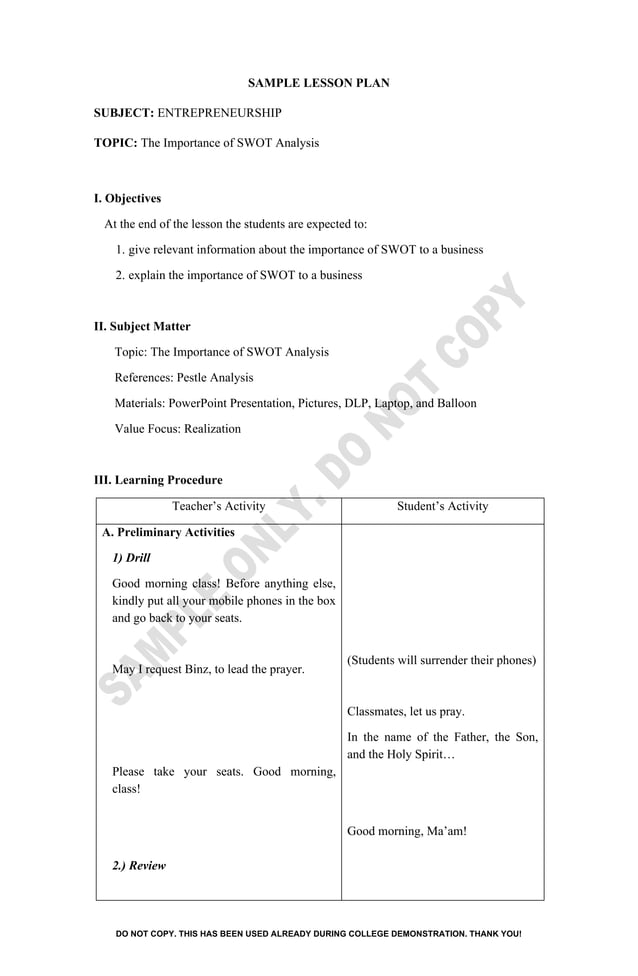Sample Lesson Plan in Entrepreneurship | PDF | Business | Business and ...