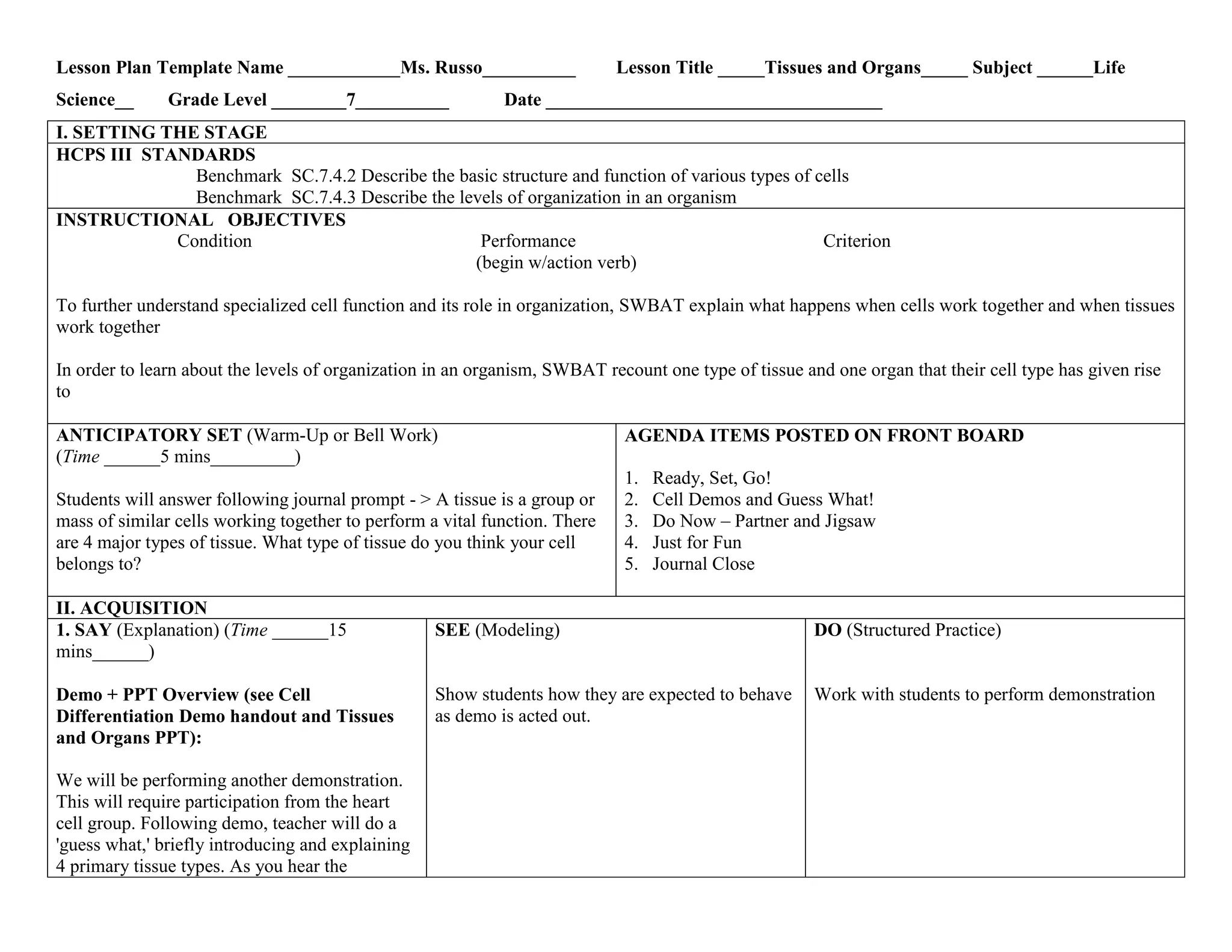 Lesson Plan-Tissues and Organs | DOCX