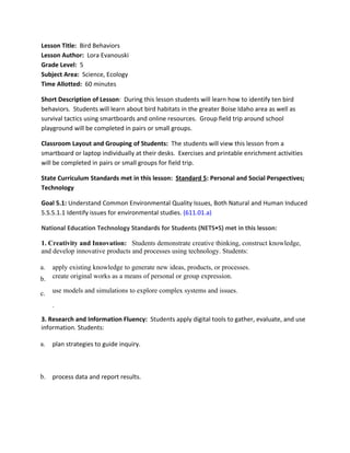 Bird Behavior Lesson Plan | RTF | Birds | Pets