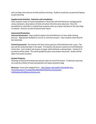 Bird Behavior Lesson Plan | PDF