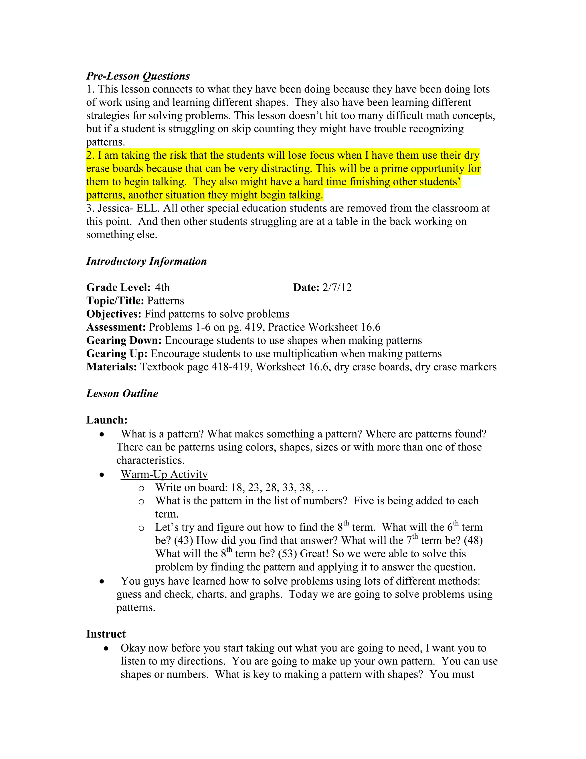 First Pattern Lesson plan | PDF