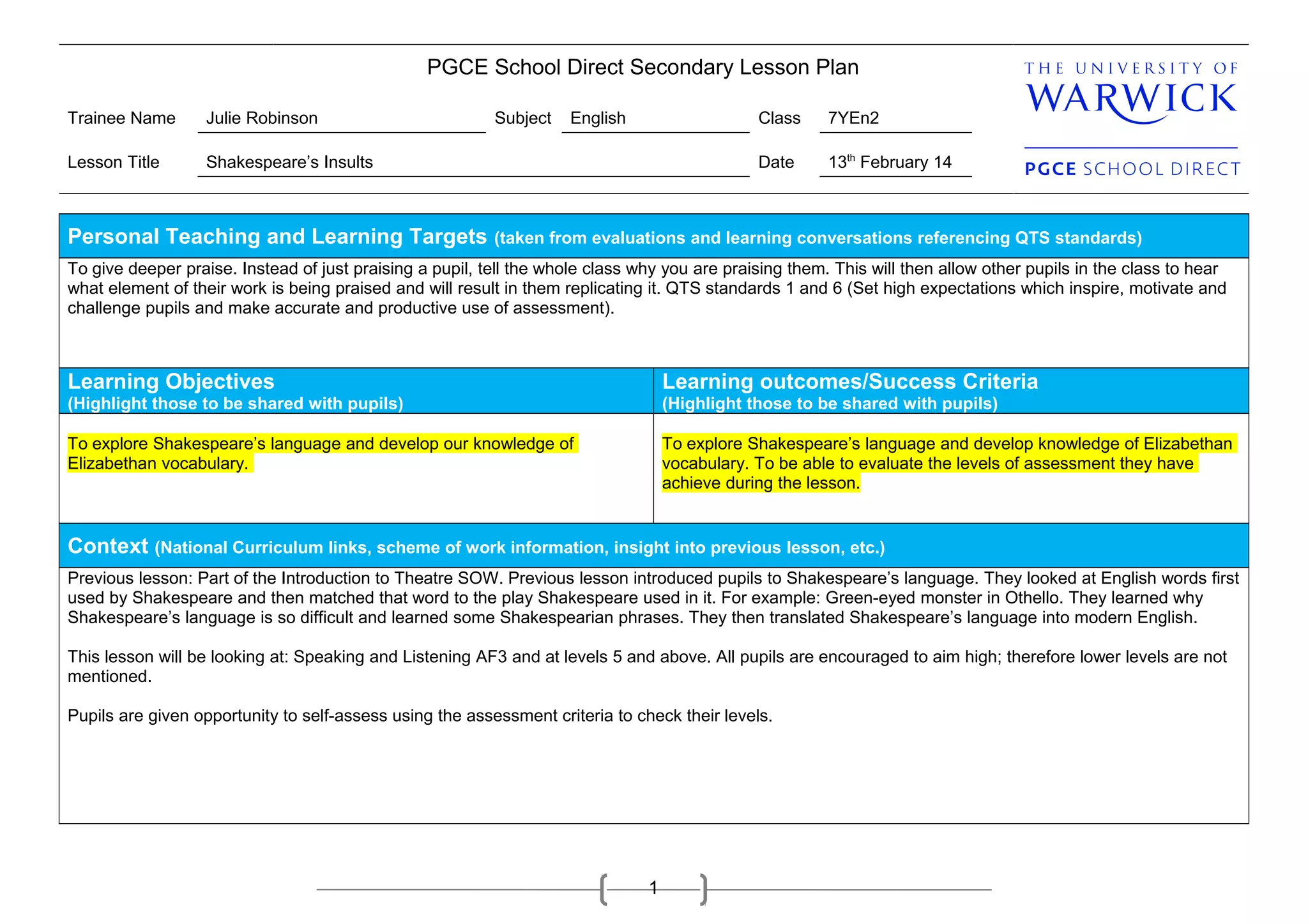 Lesson plan 13th february pti | DOC | Secondary Education | Education