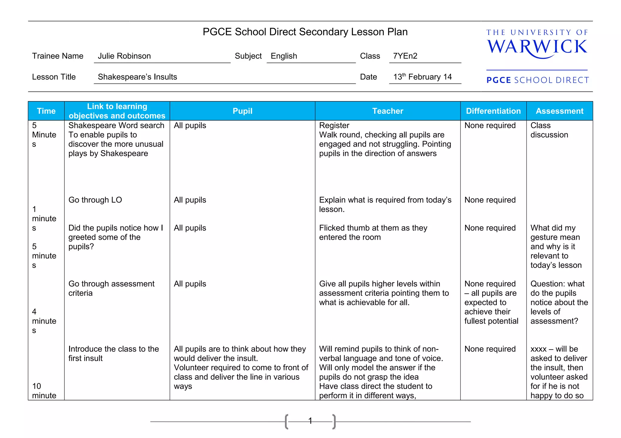 Lesson plan 13th february pti | DOC | Secondary Education | Education