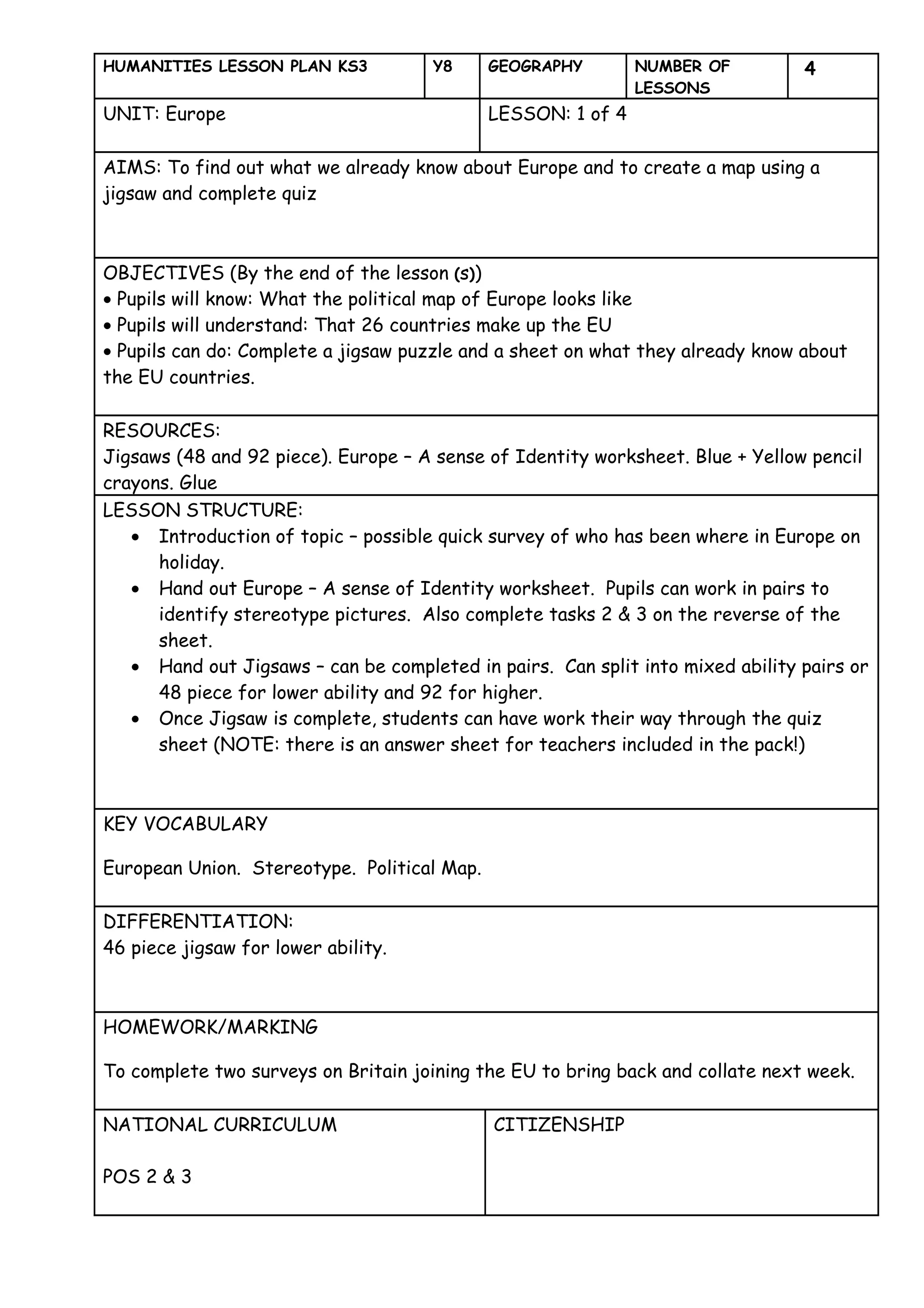 Lesson Plan 1 Europe | DOC