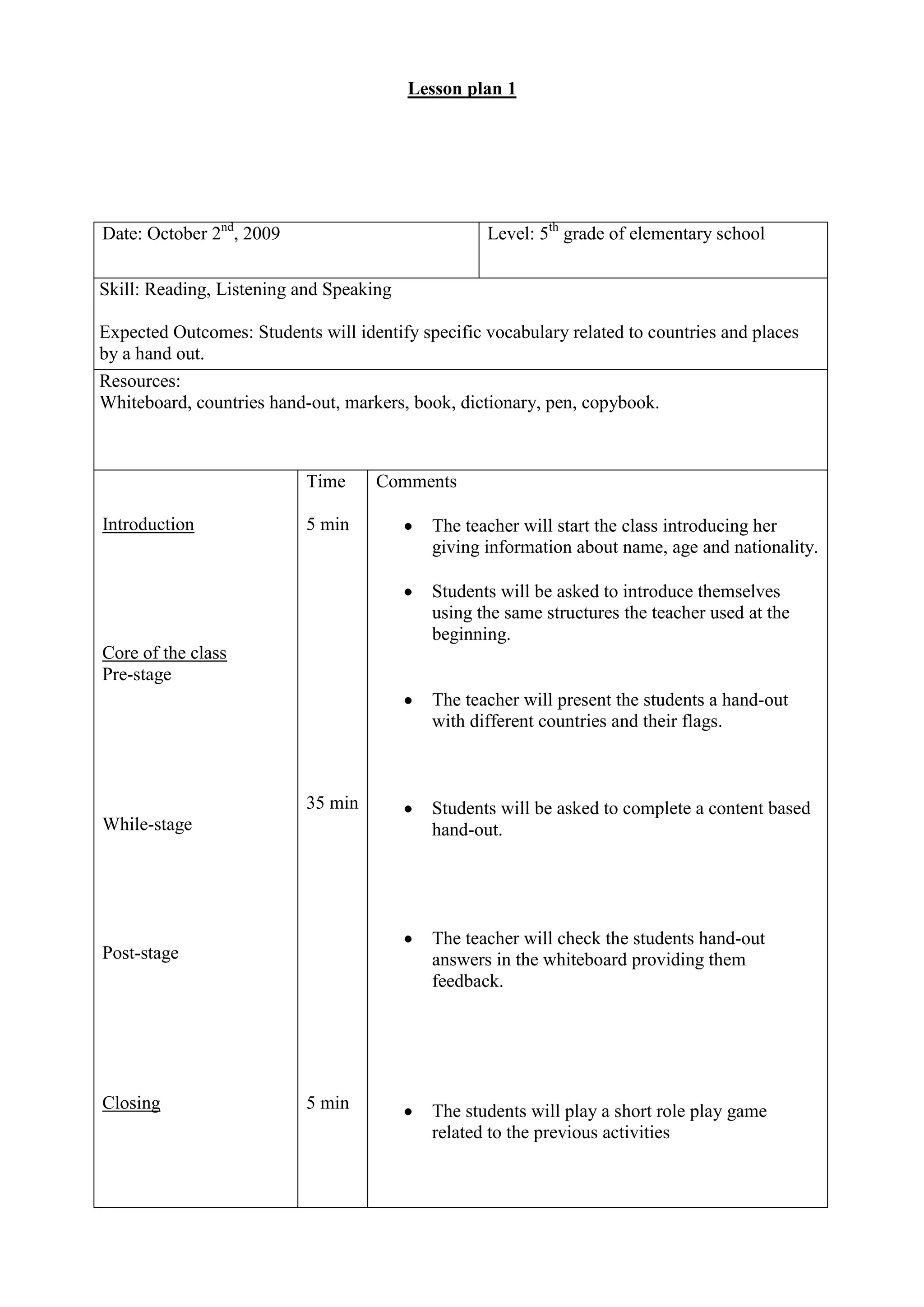 Lesson Plan 1 To 9 | DOCX