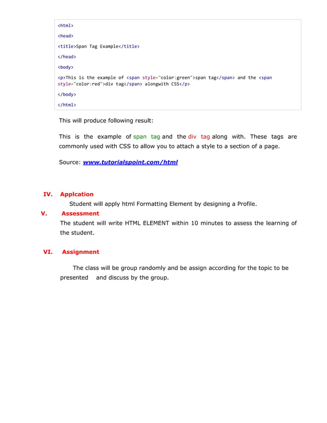 Lesson plan: HTML Formatting Texts and Paragraphs | DOCX | Web Design ...
