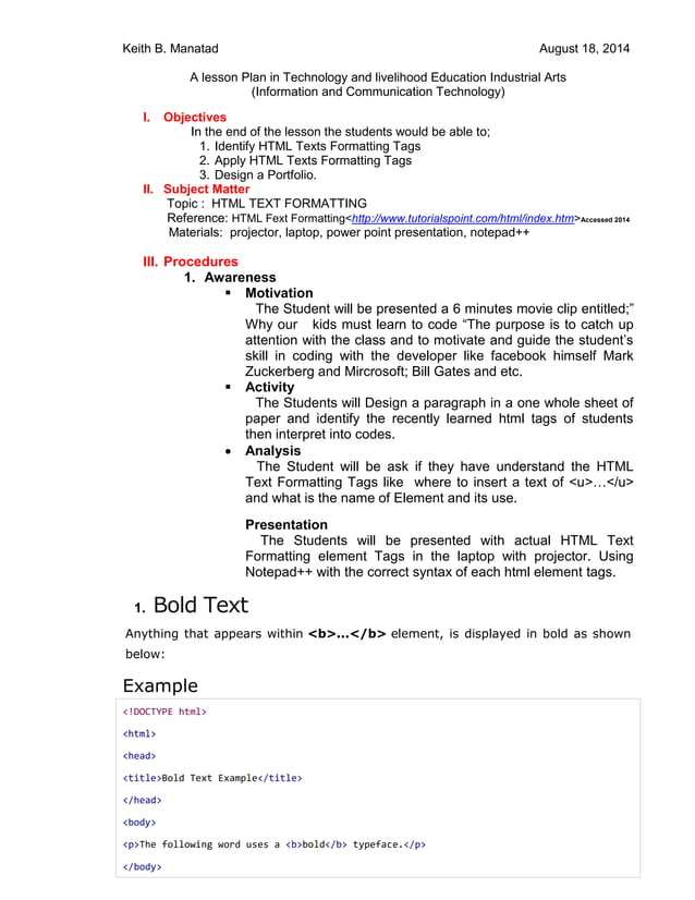 Lesson plan: HTML Formatting Texts and Paragraphs | PDF
