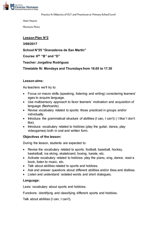 Lesson plan 2 - Sports and Hobbies | DOCX | Primary Education | Education