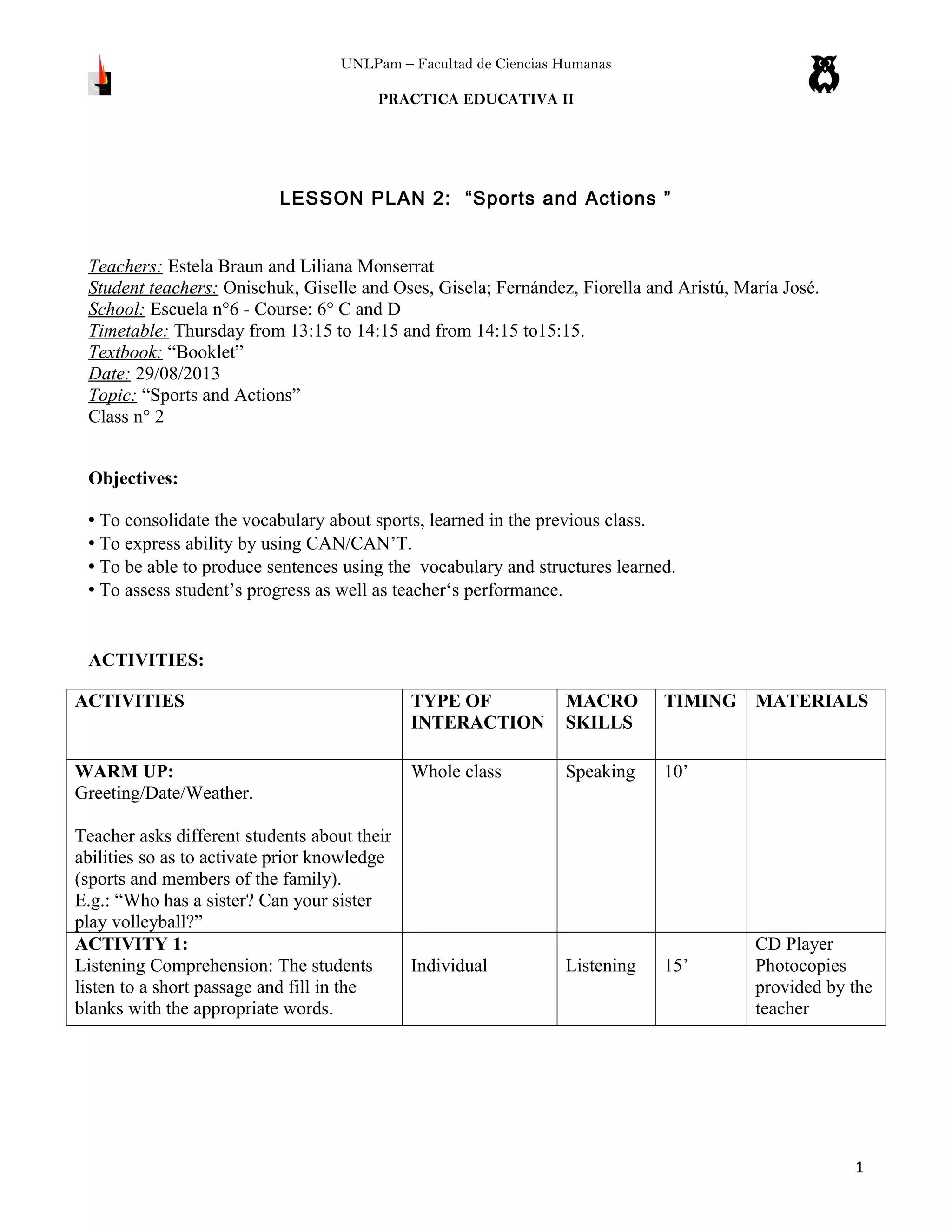 Lesson plan 2 escuela nro 6- 6to c y d- fernandez, aristú onischuk, oses | DOC