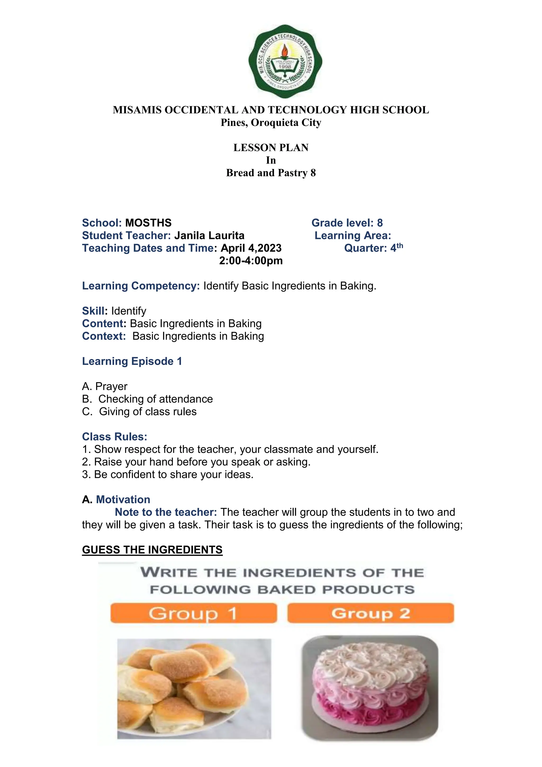 Lesson Plan in bread and pastry thank you | DOCX