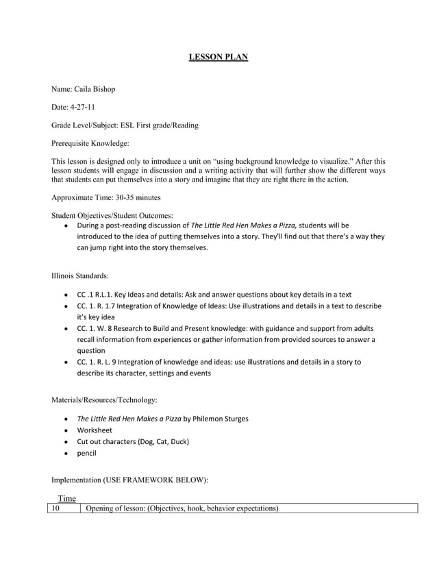 Lesson plan 2 (the little red hen makes a pizza) | DOCX | Educational ...