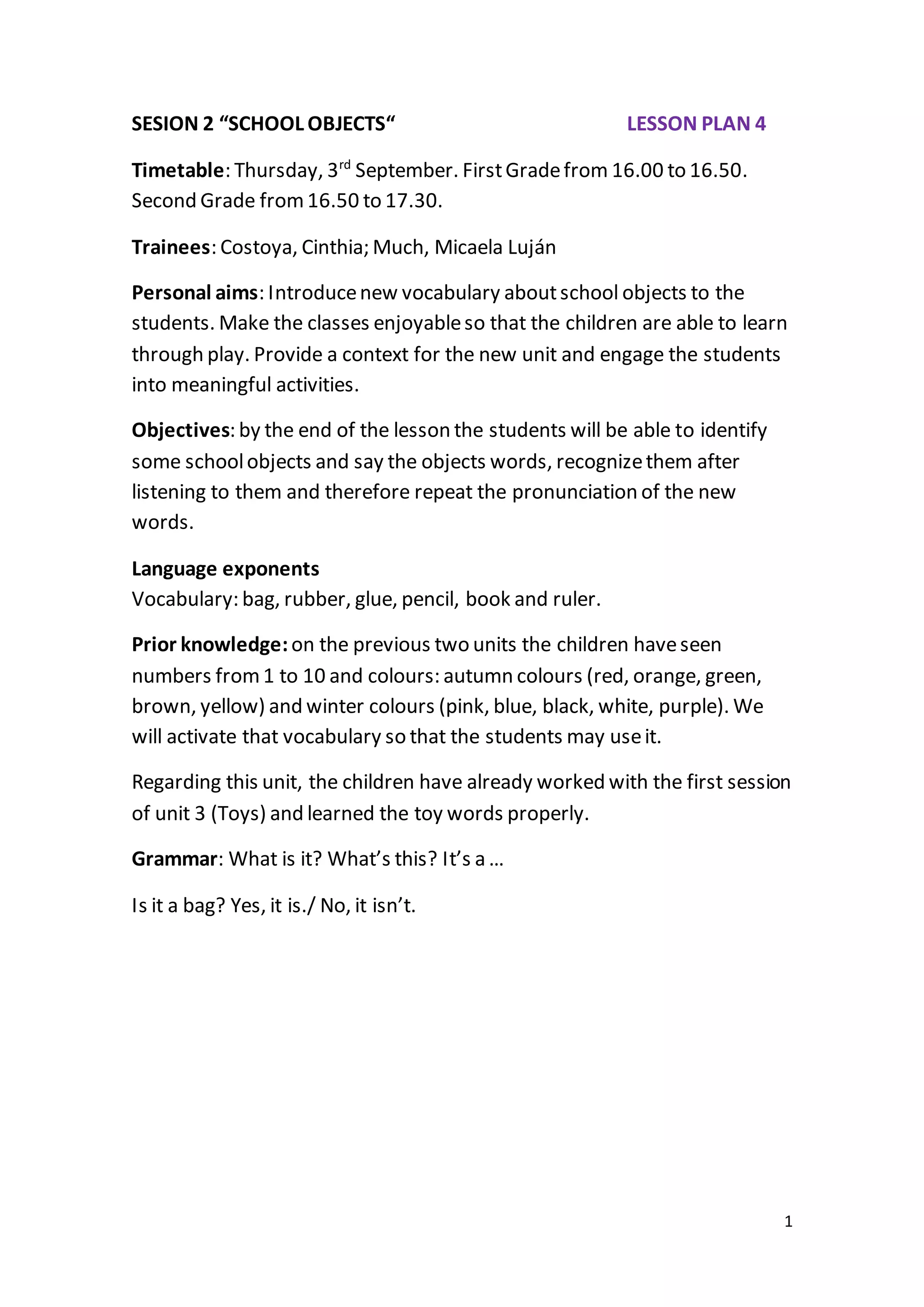 Session 2 "School Objects" | DOCX