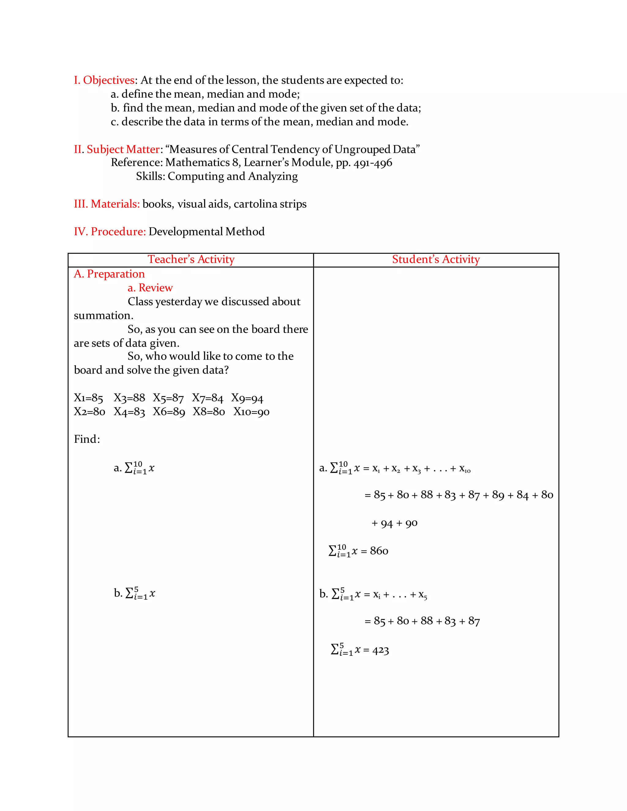 Lesson Plan- Measures of Central tendency of Data | DOCX