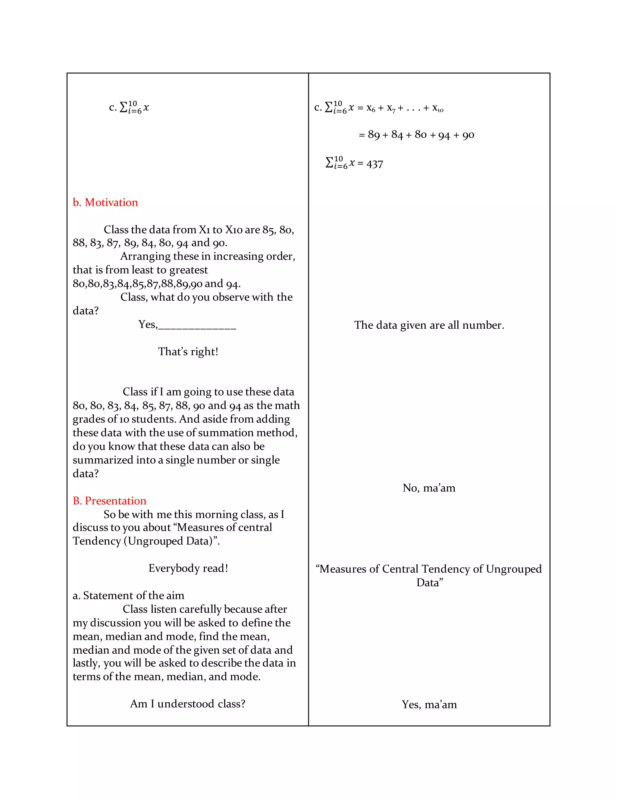 Lesson Plan- Measures of Central tendency of Data | DOCX