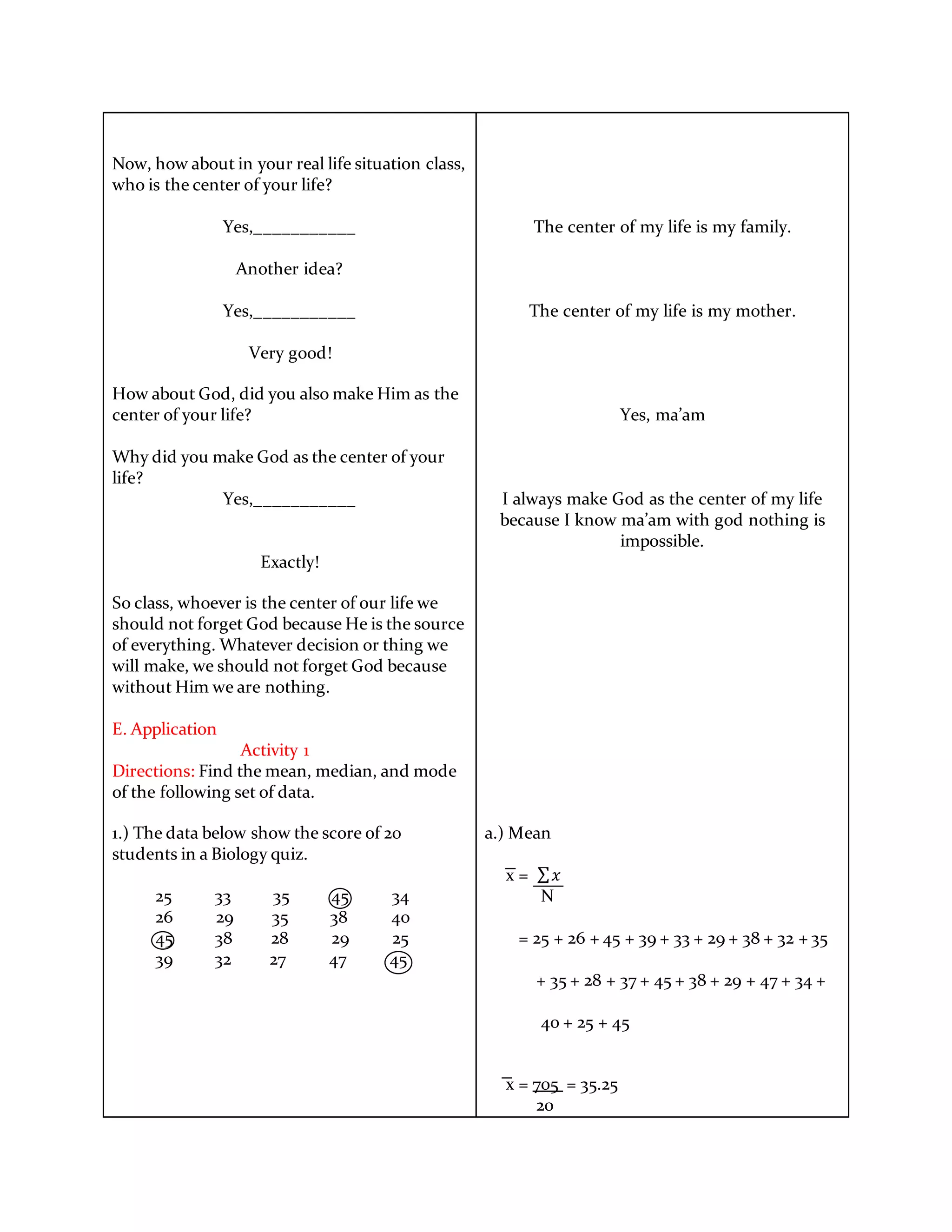 Lesson Plan- Measures of Central tendency of Data | DOCX