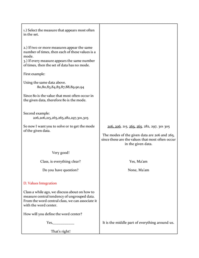 Lesson Plan- Measures of Central tendency of Data | DOCX | Educational ...