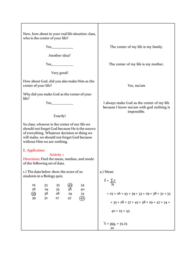 Lesson Plan- Measures of Central tendency of Data | DOCX | Educational ...