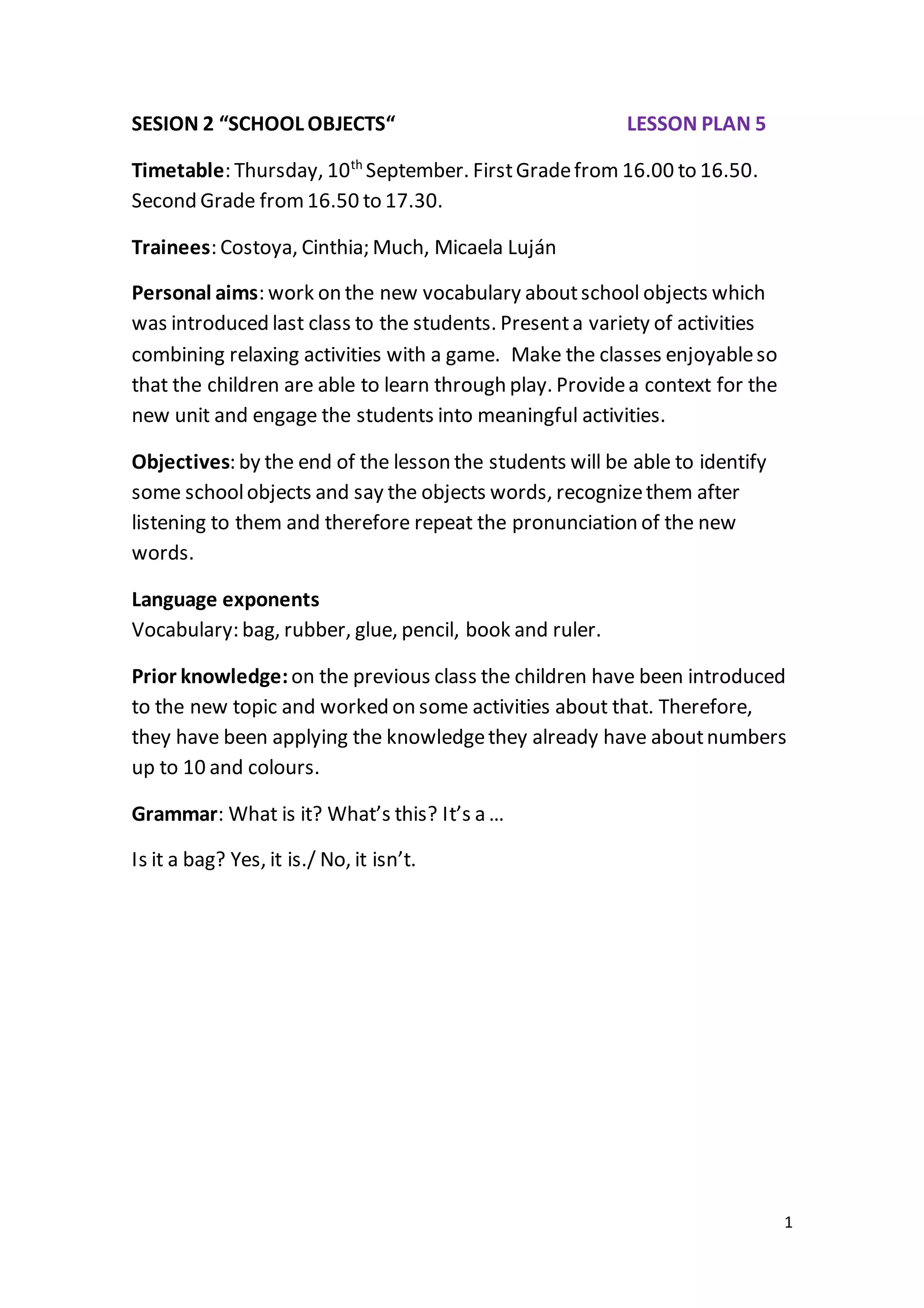 Session 2 "School Objects" | DOCX