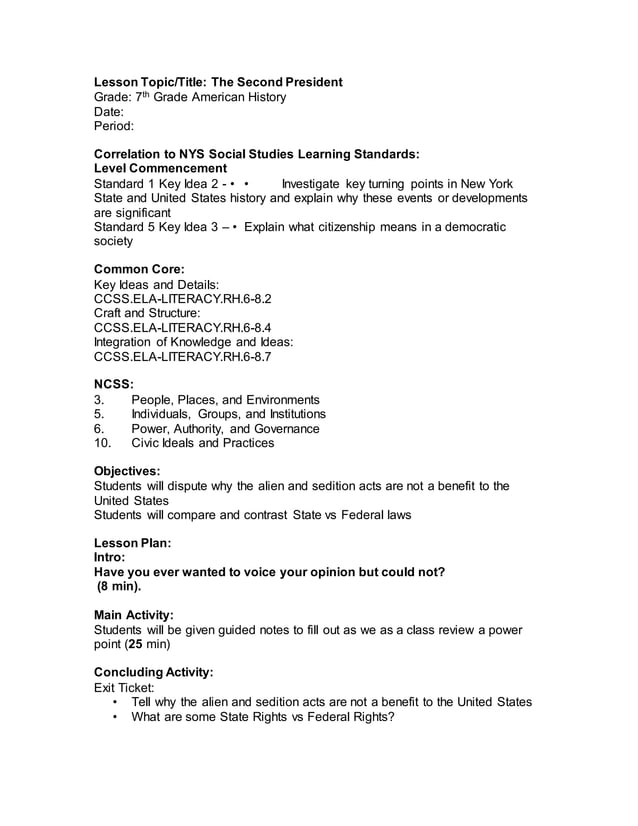 Lesson plan 5 second president complete | PDF