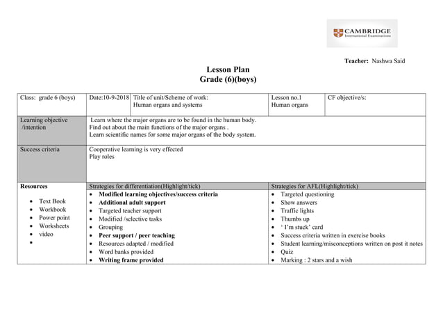 Lesson plan(6) | DOC | Educational Assessment | Education