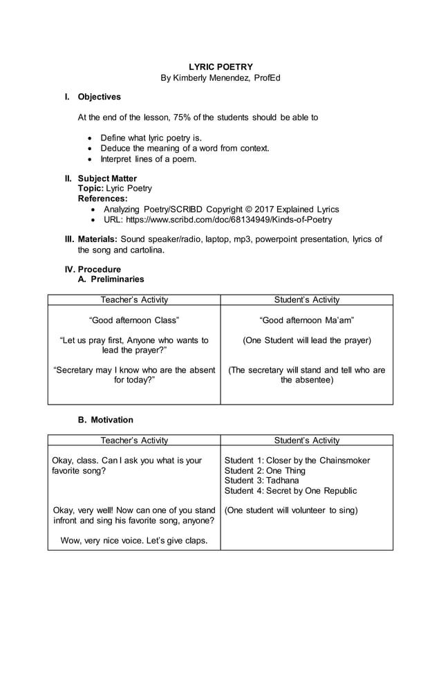 Lesson Plan for Lyric Poetry | DOCX